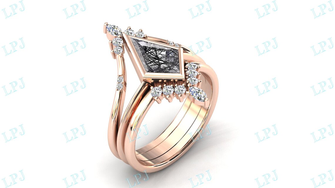 Kite Shaped Rutile Engagement Ring Set for Women Art Deco - Etsy