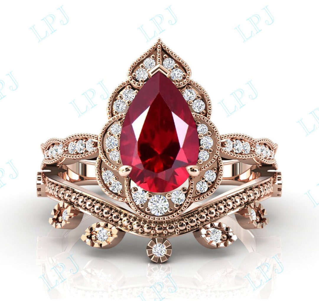 14k Gold Ruby Engagement Ring Set Art Deco Ruby Bridal Ring Set Red ...