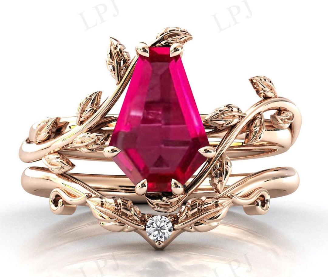 Coffin Shaped Ruby Engagement Ring Set for Women Art Deco Ruby Red ...
