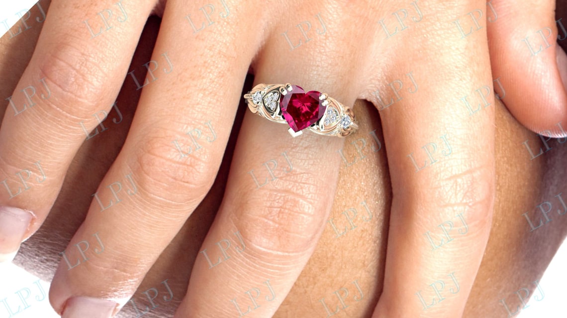 Heart Shape Ruby Engagement Ring for Women Art Deco Ruby Bridal Ring ...