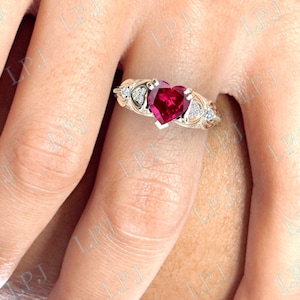 Heart Shape Ruby Engagement Ring for Women Art Deco Ruby Bridal Ring ...