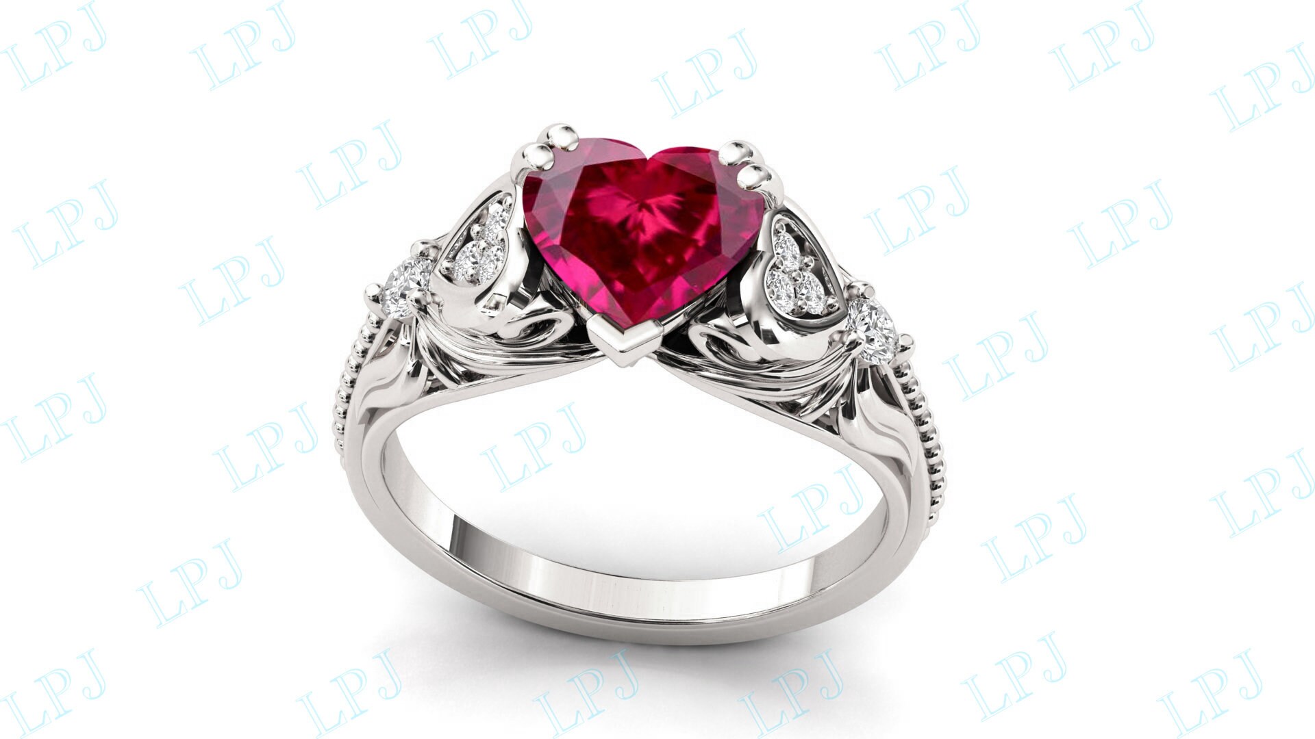 Heart Shape Ruby Engagement Ring for Women Art Deco Ruby Bridal Ring ...