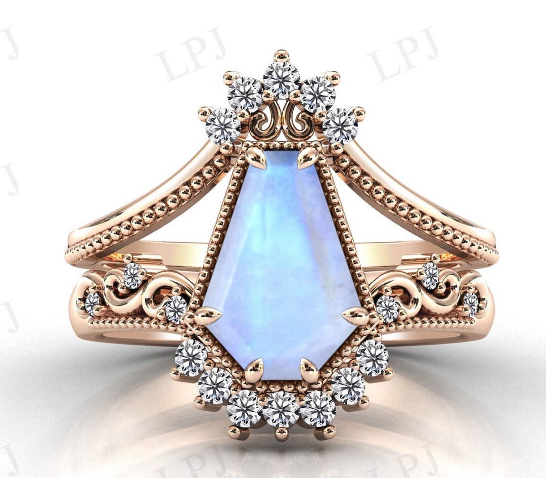Vintage Coffin Shaped Moonstone Engagement Ring Set for Women 14k Gold ...
