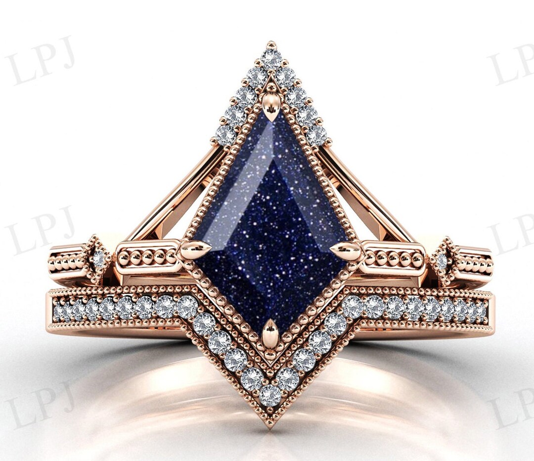 Kite Shaped Sandstone Wedding Ring Set for Women 14k Rose Gold ...