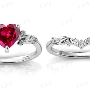 Heart Shaped Ruby Engagement Ring Set for Women Red Ruby Gemstone ...