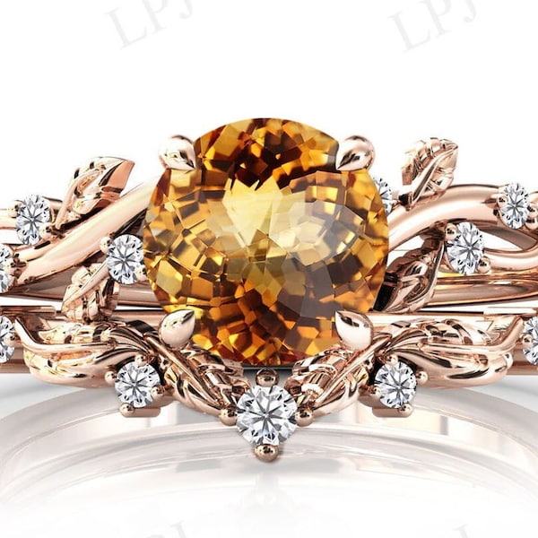 Art Deco Citrine Engagement Ring Set 14k Gold Citrine Wedding - Etsy