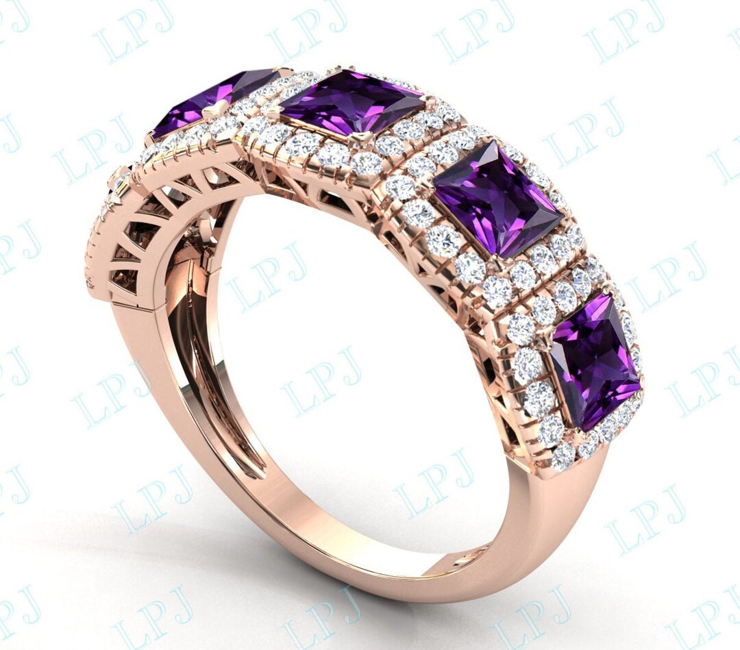 14k Gold Amethyst Wedding Band for Women Princess Cut Amethyst ...
