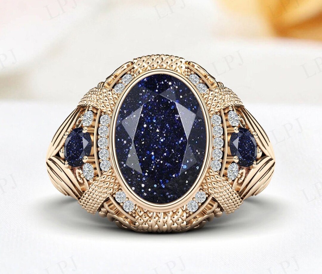 One of A Kind - Galaxy Blue Sandstone Engagement Ring Art Deco Men ...
