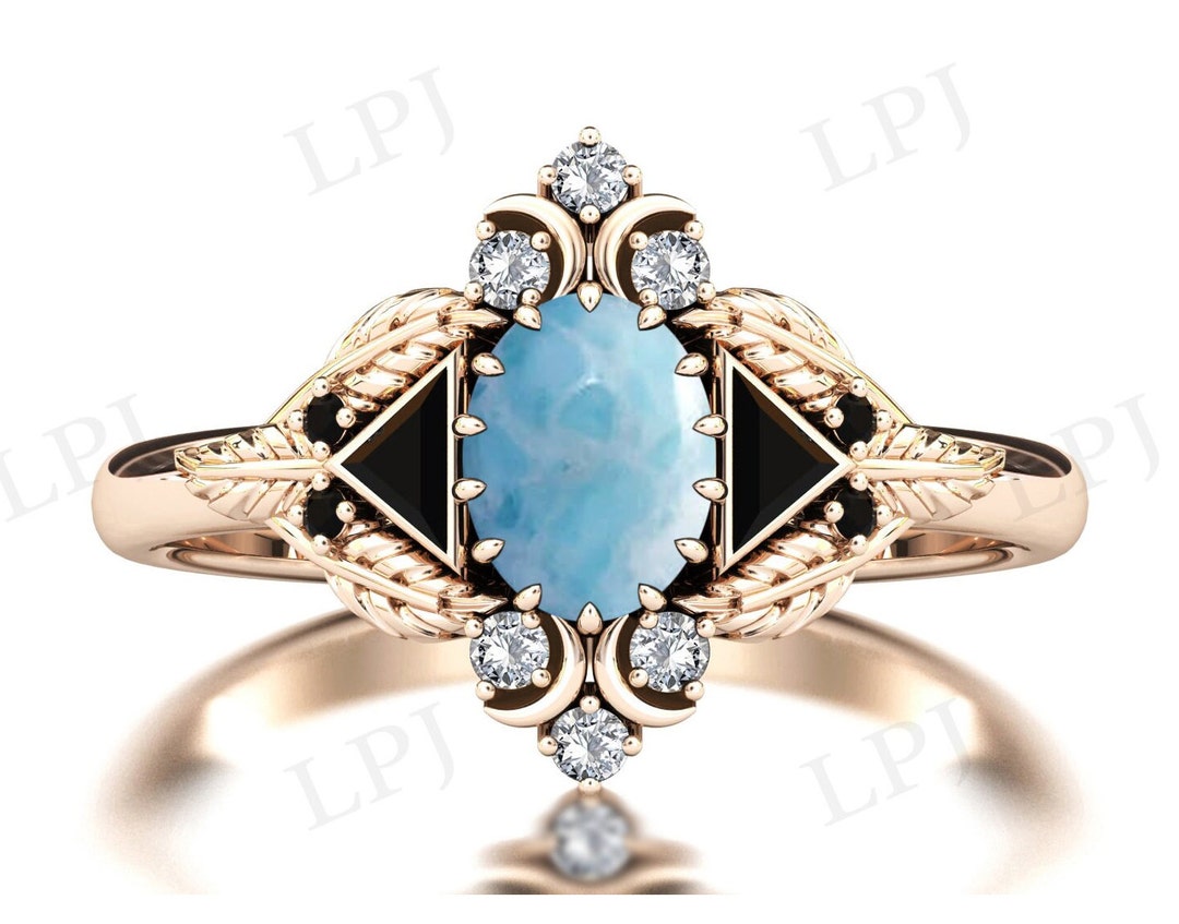 Oval Shaped Larimar Engagement Ring Antique Wedding Promise Ring 925 ...