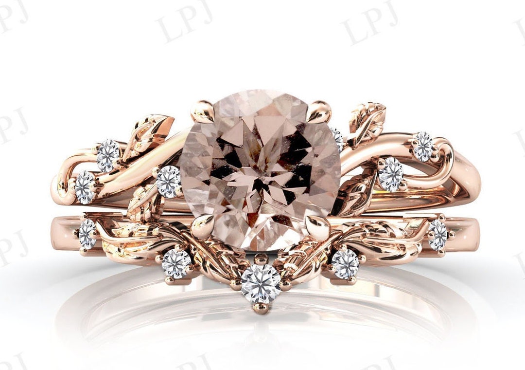 Art Deco Morganite Engagement Ring Set 14k Rose Gold Morganite Bridal ...