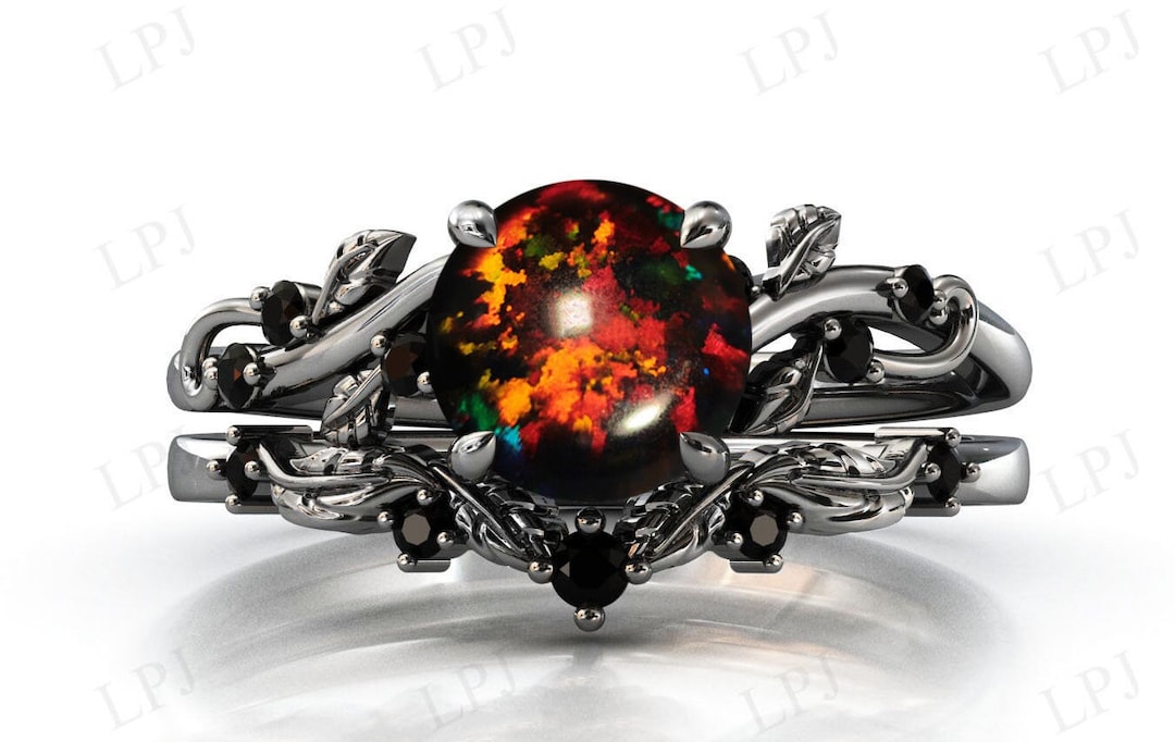 Black Opal Engagement Ring Set 925 Silver Black Opal Wedding Ring Set ...