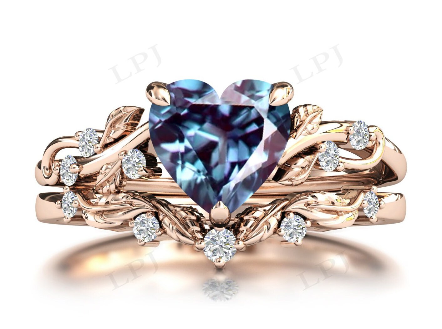 Art Deco Leaf Alexandrite Engagement Ring Set for Women - Etsy