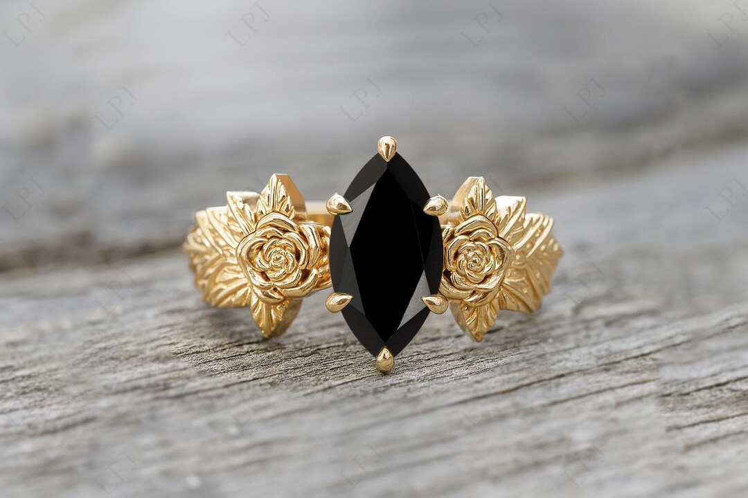 14k Gold Black Onyx Engagement Ring for Women Art Deco Flower Style ...