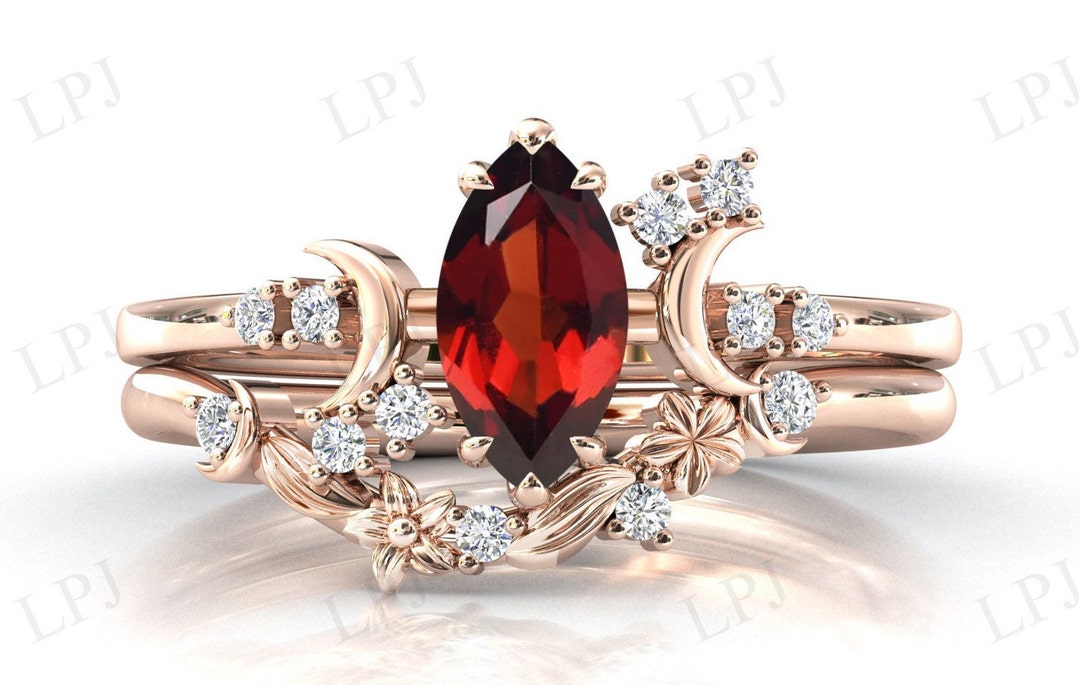 Moon of My Life Garnet Wedding Ring Set 14k Rose Gold Antique Floral ...