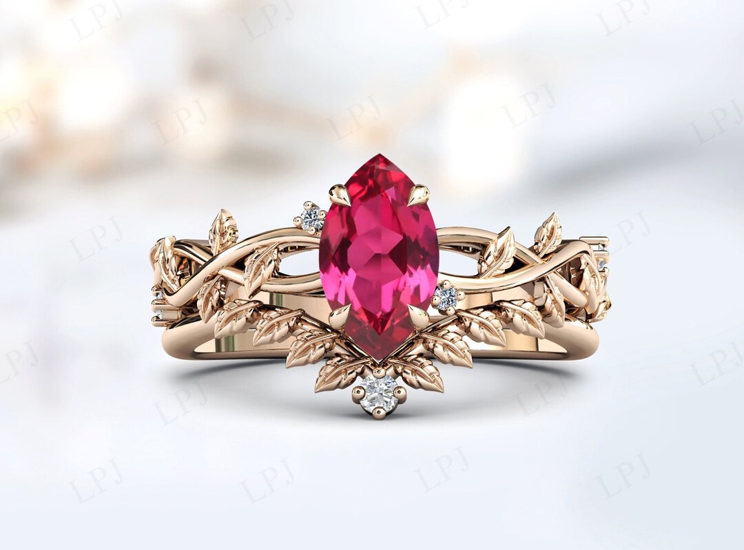 Art Deco Ruby Wedding Ring Set for Women Marquise Cut Ruby Engagement ...