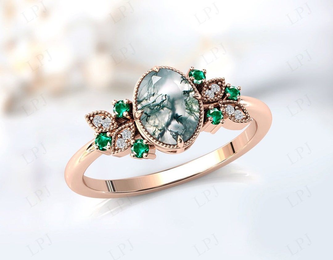 Antique Moss Agate Engagement Ring for Women Vintage Moss Agate Wedding ...