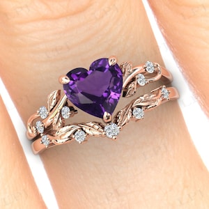 Heart Shaped Amethyst Engagement Ring Set for Women Art Deco Amethyst ...