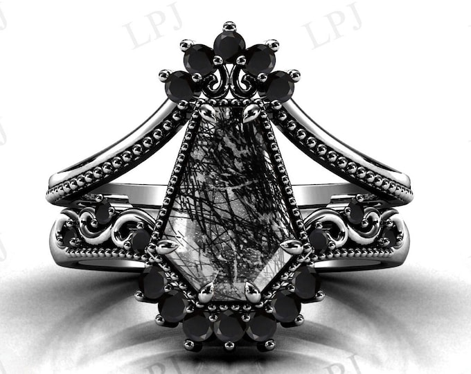 Retro Hexagon Black Rutilate Quartz Ring,vintage Black Silver Ring ...