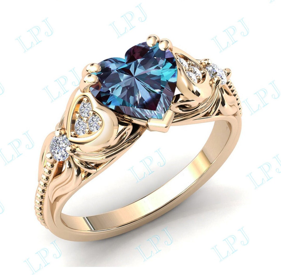 Heart Shaped Alexandrite Engagement Ring 14k Gold Antique Alexandrite ...