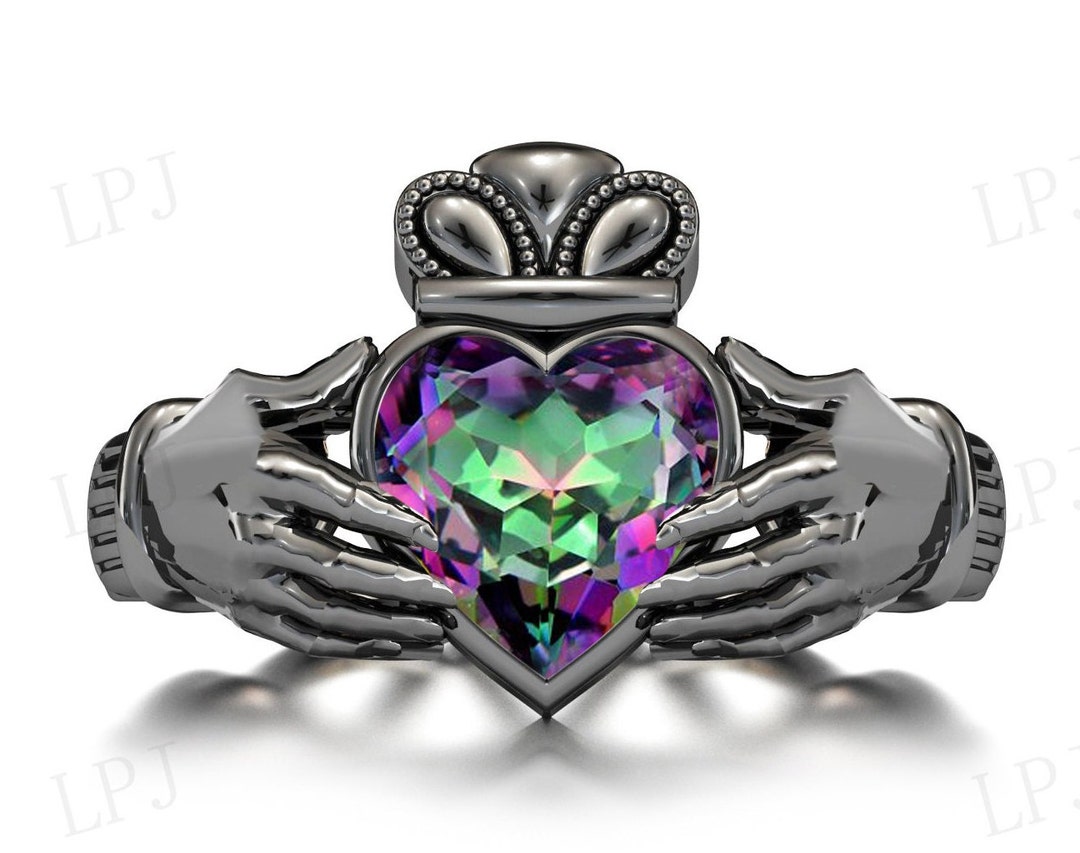 Bio Color Mystic Topaz Engagement Ring Art Deco Claddagh Wedding Ring ...