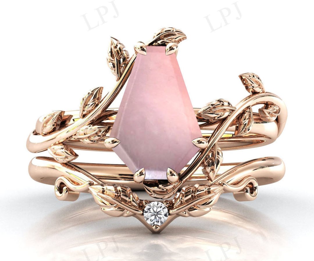 Natural Rose Quartz Engagement Ring Set for Women 14k Gold Rose Quartz ...