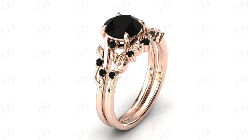 Vintage Black Onyx Engagement Ring Set Black Gemstone Ring Set Art Deco Wedding Ring Set for ...