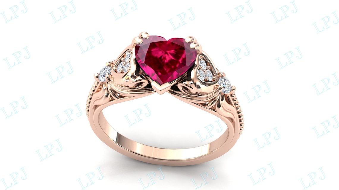 Heart Shape Ruby Engagement Ring for Women Art Deco Ruby Bridal Ring Heart Shaped Ruby Wedding ...
