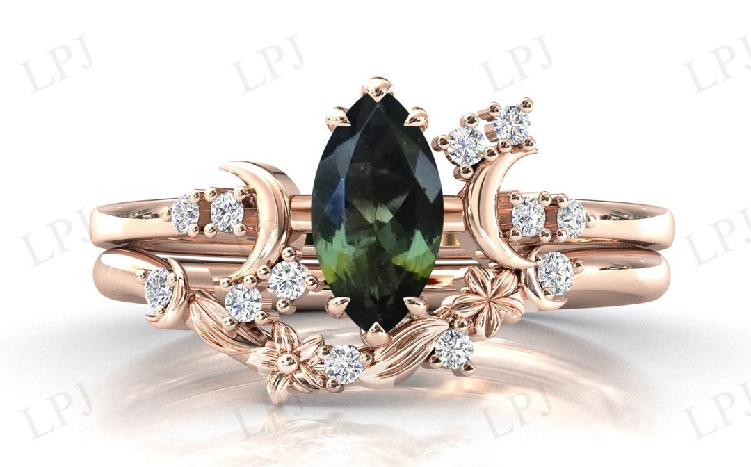 Moon of My Life Moldavite Wedding Ring Set 14k Rose Gold Moldavite ...