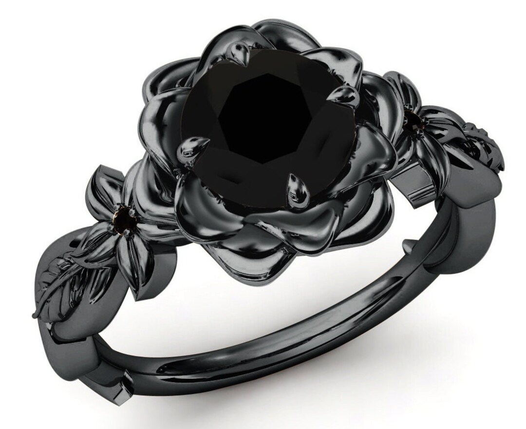 Natural Black Onyx Floral Engagement Ring for Women 925 Silver Black ...
