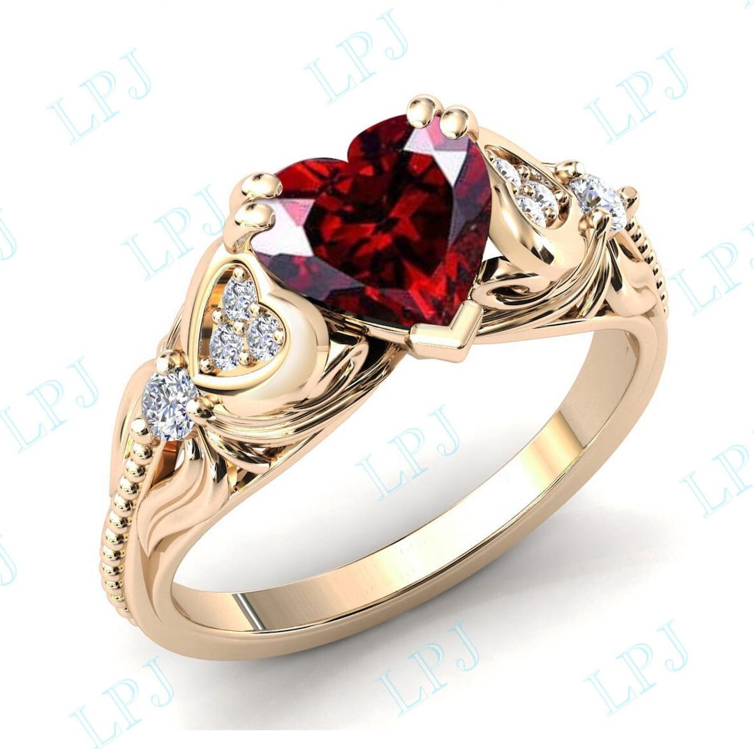 Heart Shape Garnet Engagement Ring Women Art Deco Red Garnet Wedding ...