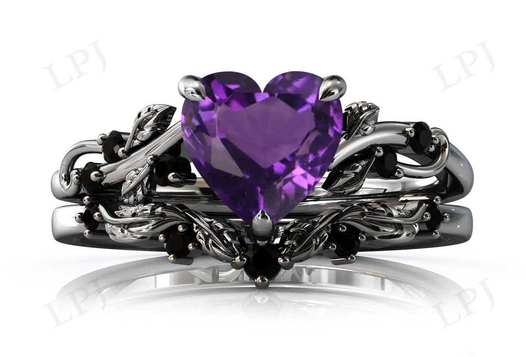 Heart Shaped Amethyst Engagement Ring Set for Women Art Deco Amethyst ...