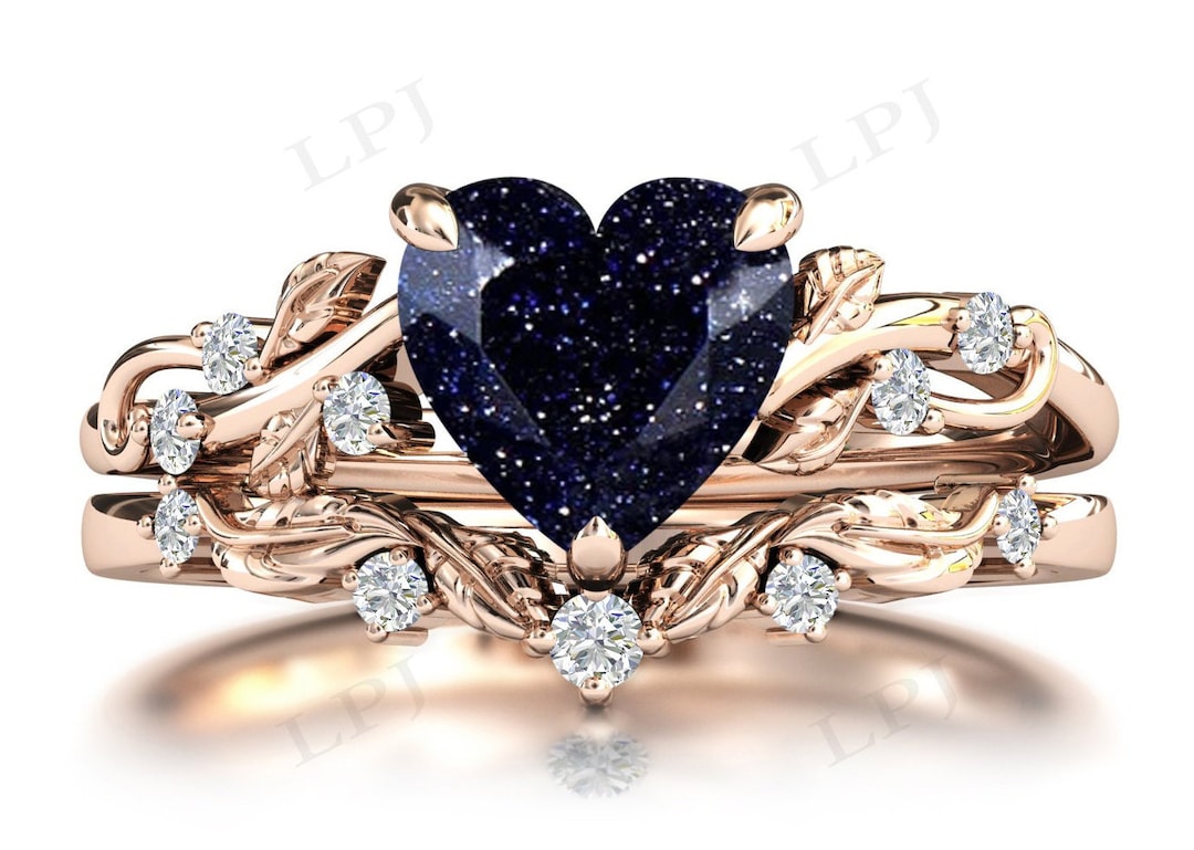 Galaxy Star Blue Sandstone Wedding Ring Set for Women 925 Silver Leaf ...