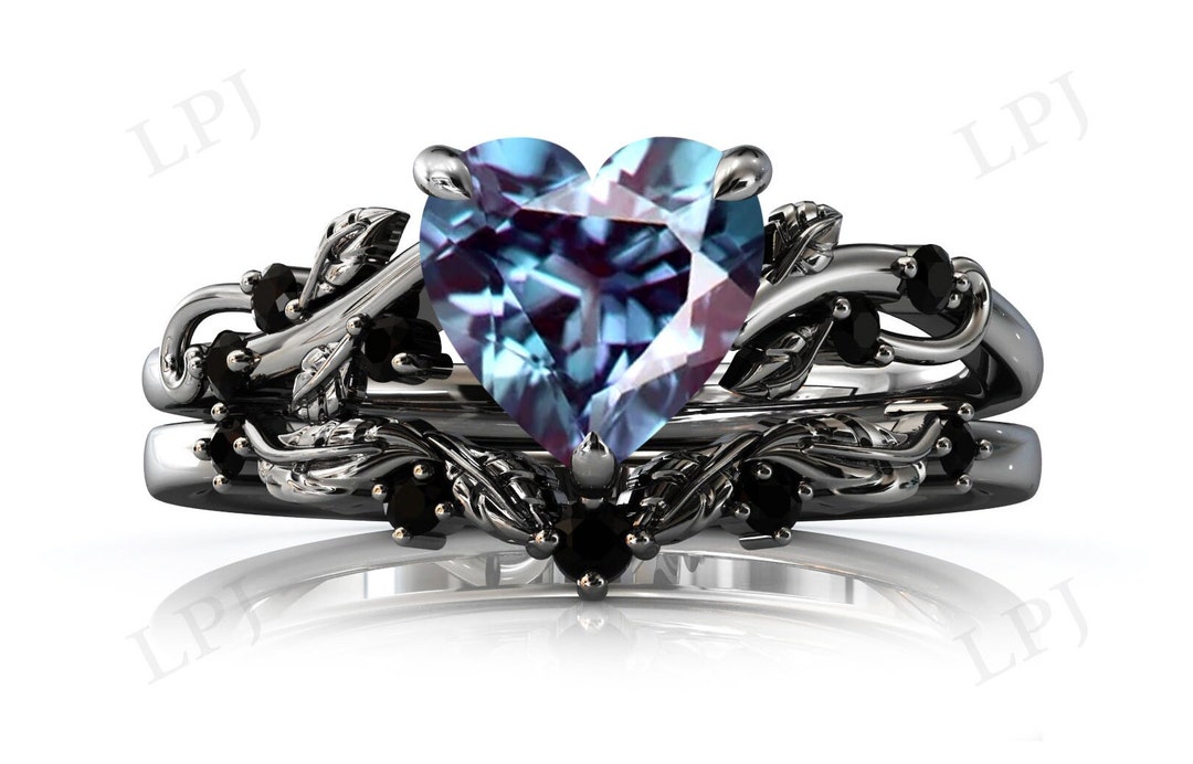 Art Deco Leaf Alexandrite Engagement Ring Set for Women Antique Vine ...