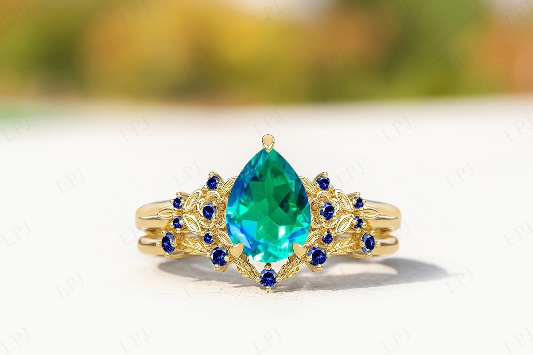 Peacock Quartz Engagement Ring Set for Women Vine Leaf Style 2 Piece ...