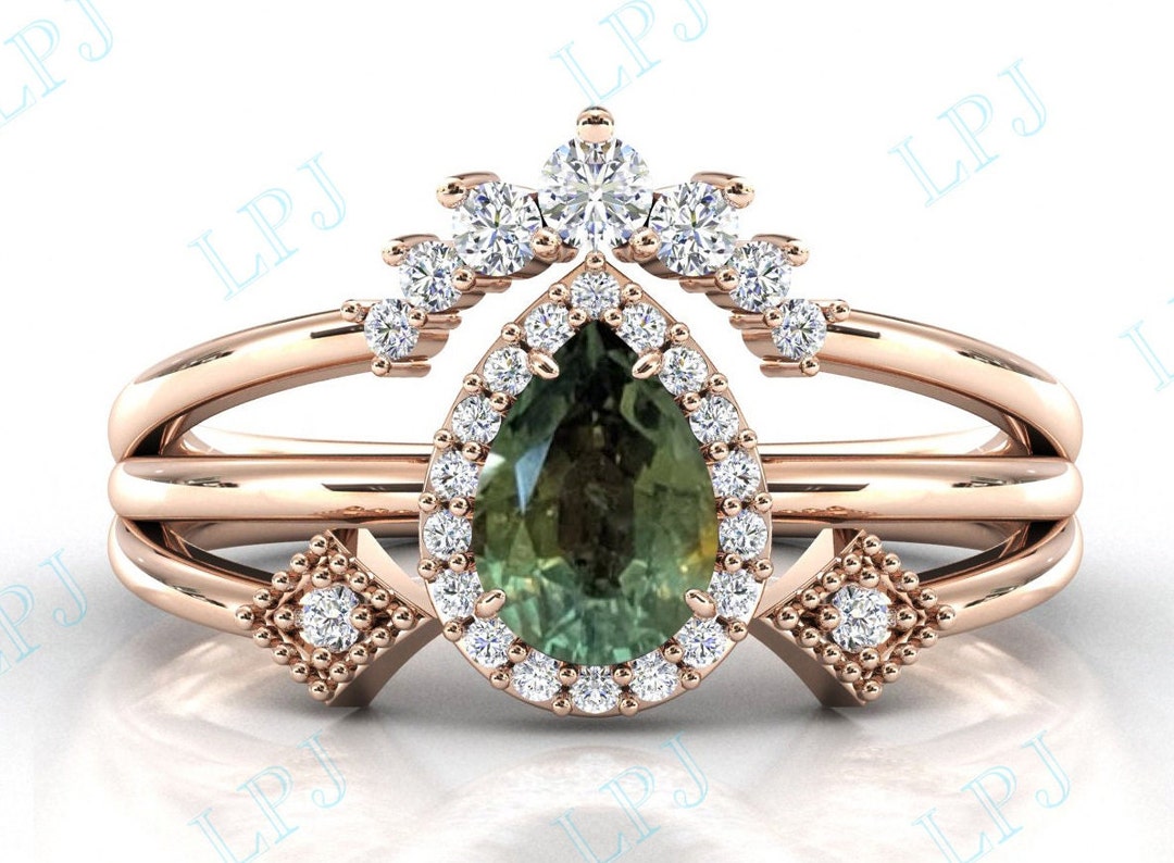 Vintage Moldavite Engagement Ring Set 14k Gold Moldavite Vintage ...