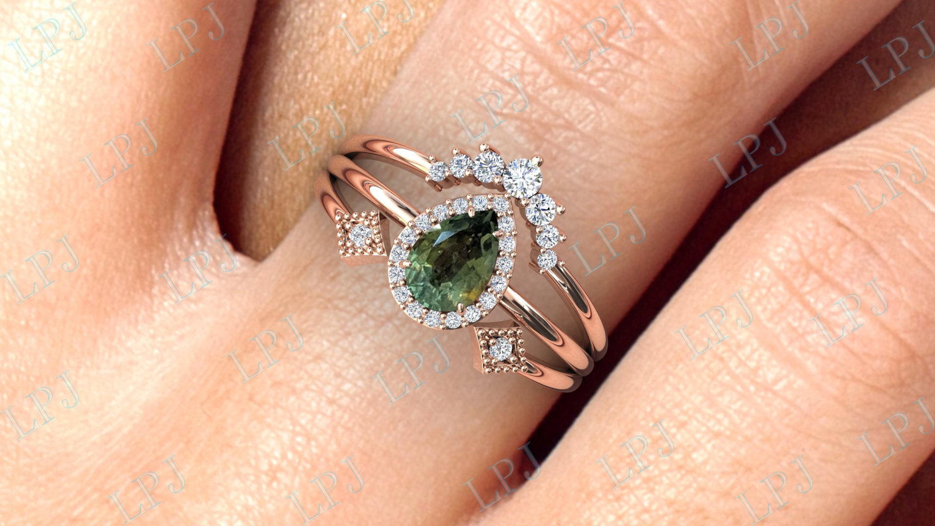 Vintage Moldavite Engagement Ring Set 14k Gold Moldavite Vintage ...