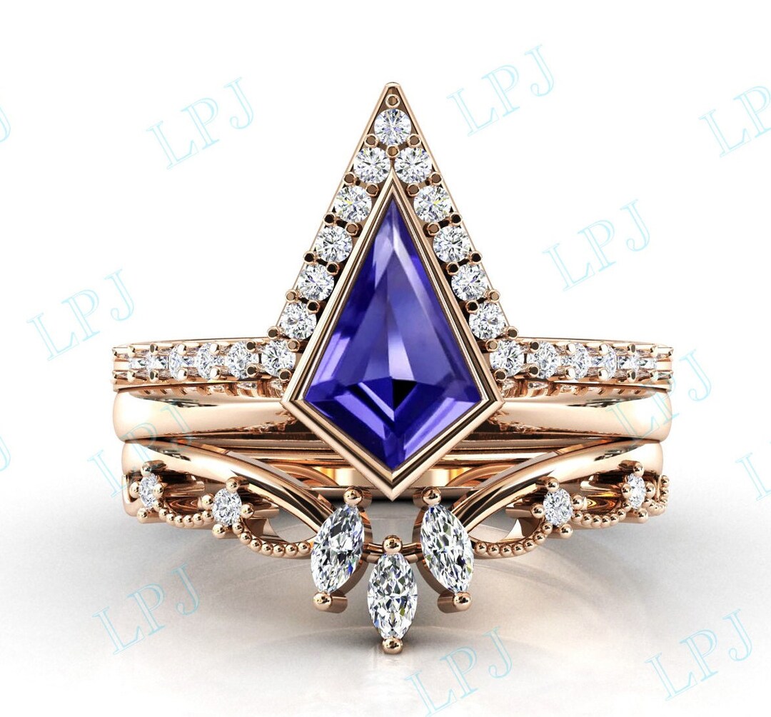 Kite Cut Tanzanite Engagement Ring Set 14k Gold Tanzanite Wedding Ring ...