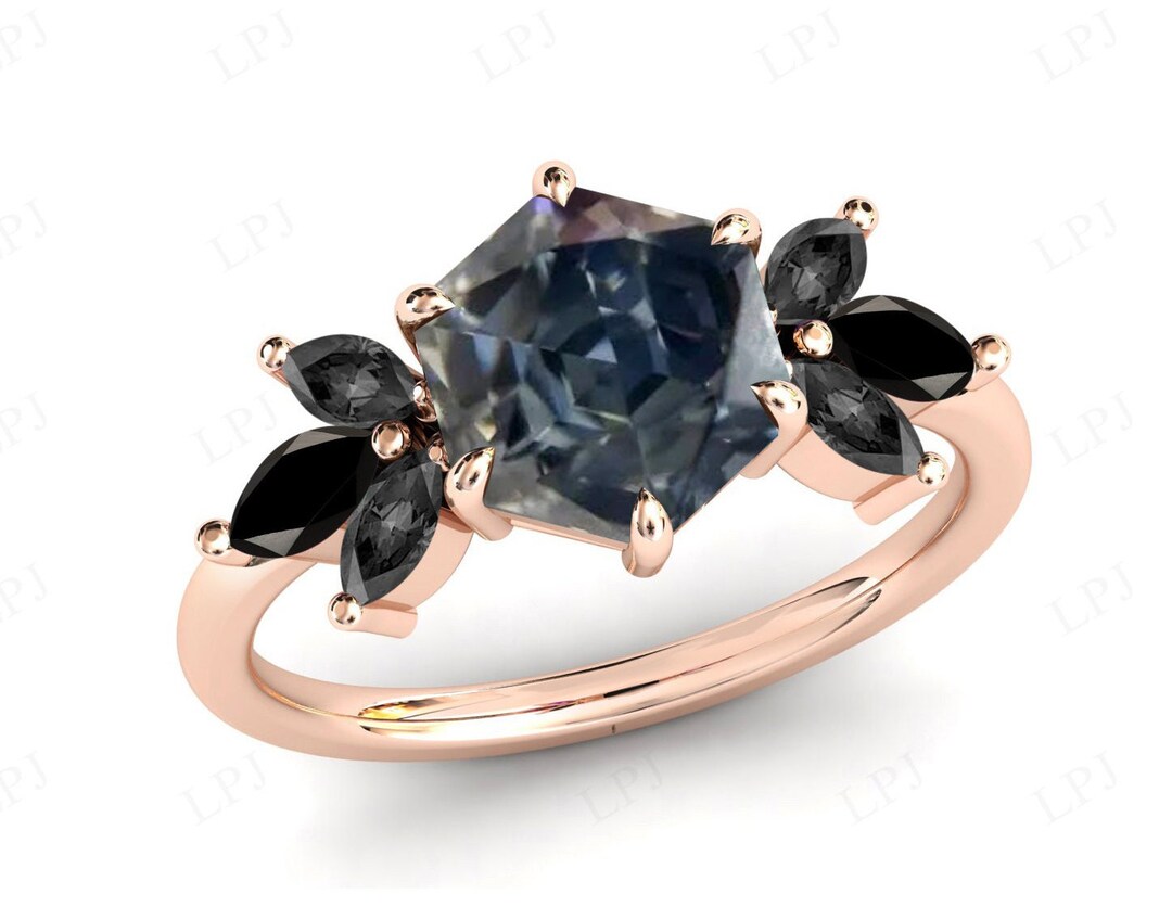 Hexagon Cut Grey Spinel Wedding Ring for Her Vintage Cluster Engagement ...