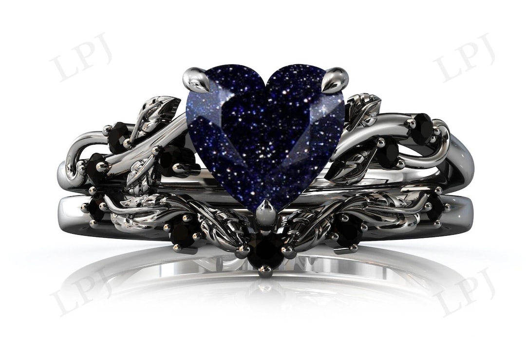 Heart Shape Blue Sandstone Engagement Ring Set for Women Vintage 14k ...