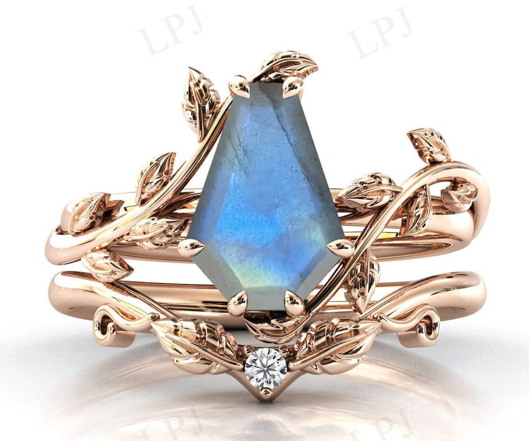 Vintage Coffin Shaped Labradorite Engagement Ring Set for Women Leaf ...