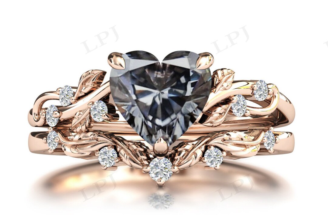 Grey Spinel Wedding Ring Set for Women 925 Silver Leaf Design Ring Set ...