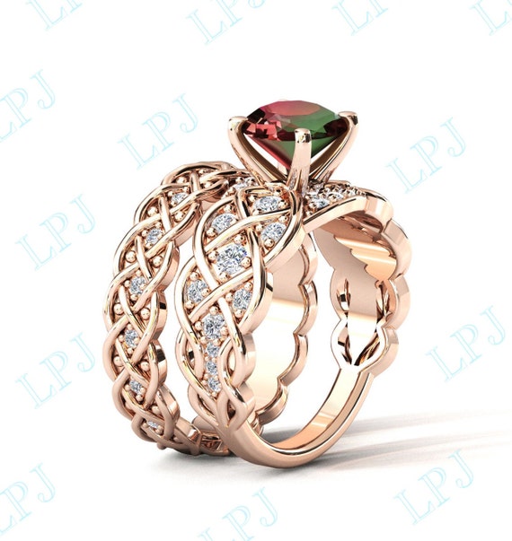 Watermelon Tourmaline Engagement Ring Set for Women Multi - Etsy