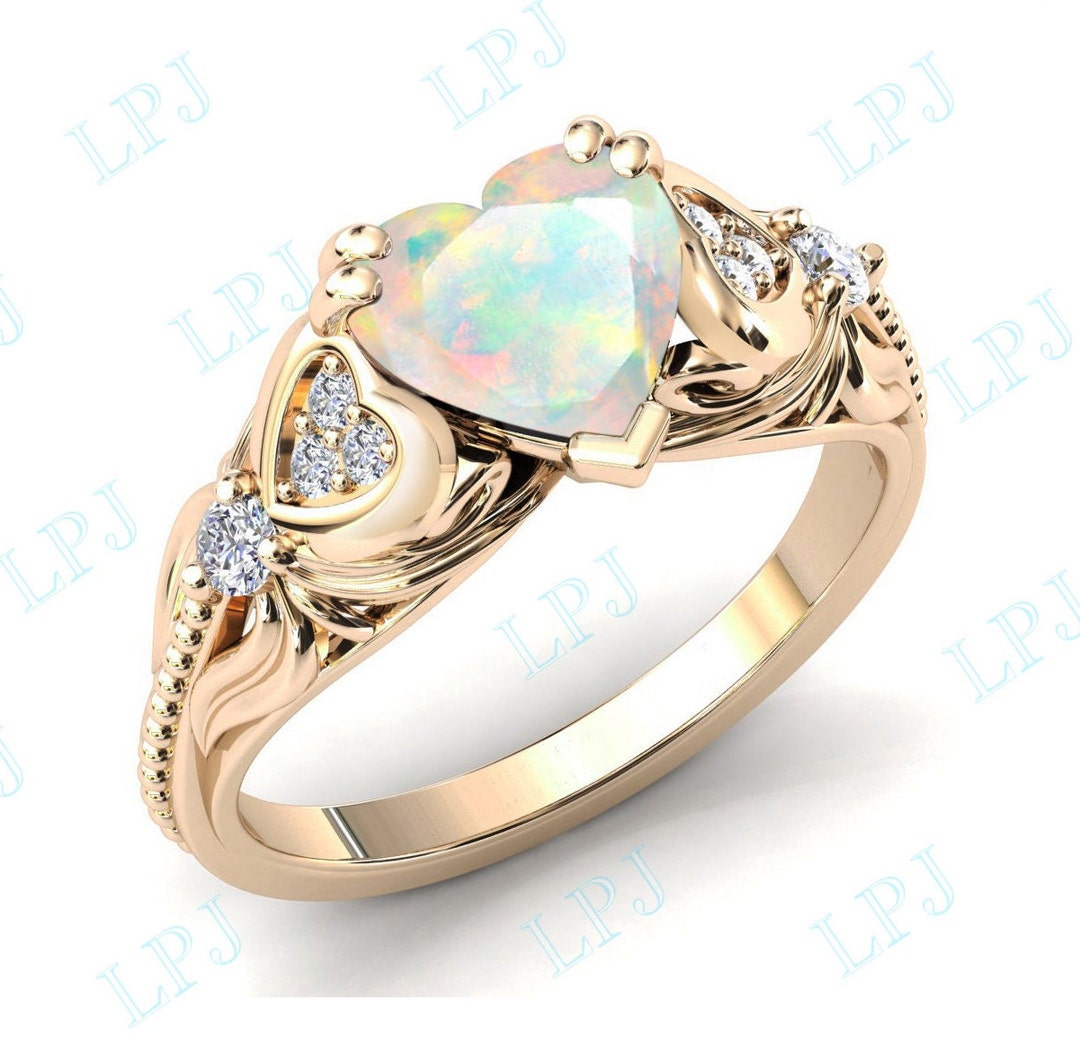 Heart Shape Opal Engagement Ring 14k Gold Opal Women Wedding Ring Art ...