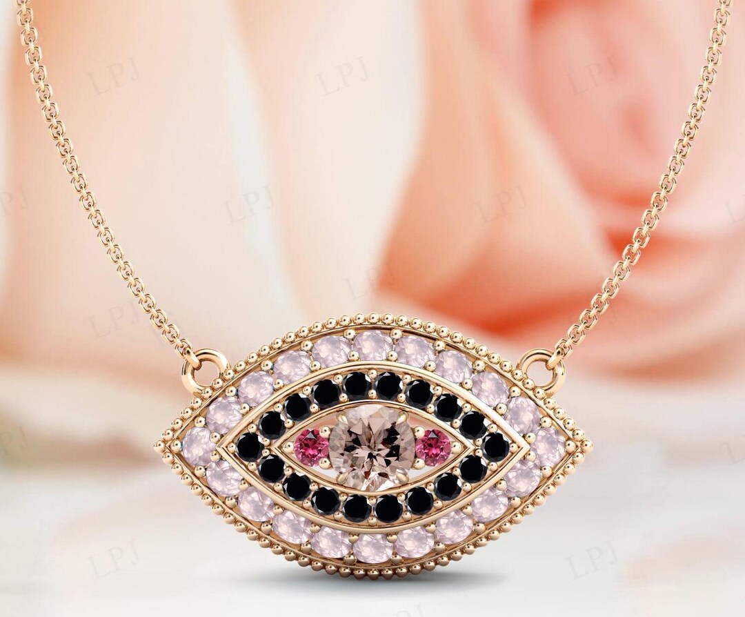 Unique Morganite Evil Eye Pendant for Women Rose Gold Black Onyx ...