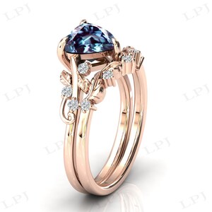 Art Deco Leaf Alexandrite Engagement Ring Set for Women Antique Vine ...