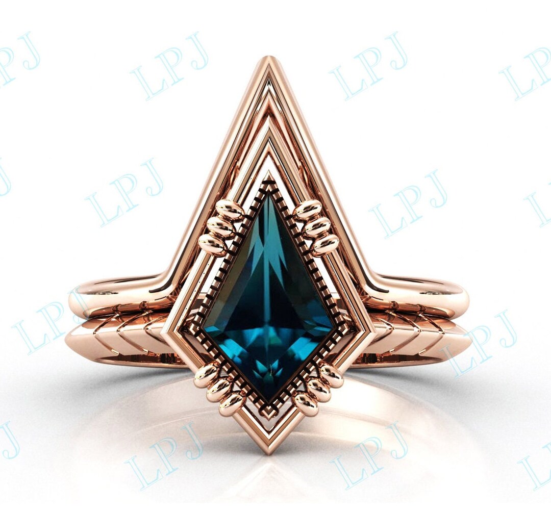 Vintage Kite Shaped London Blue Topaz Engagement Ring Set Rose Gold ...