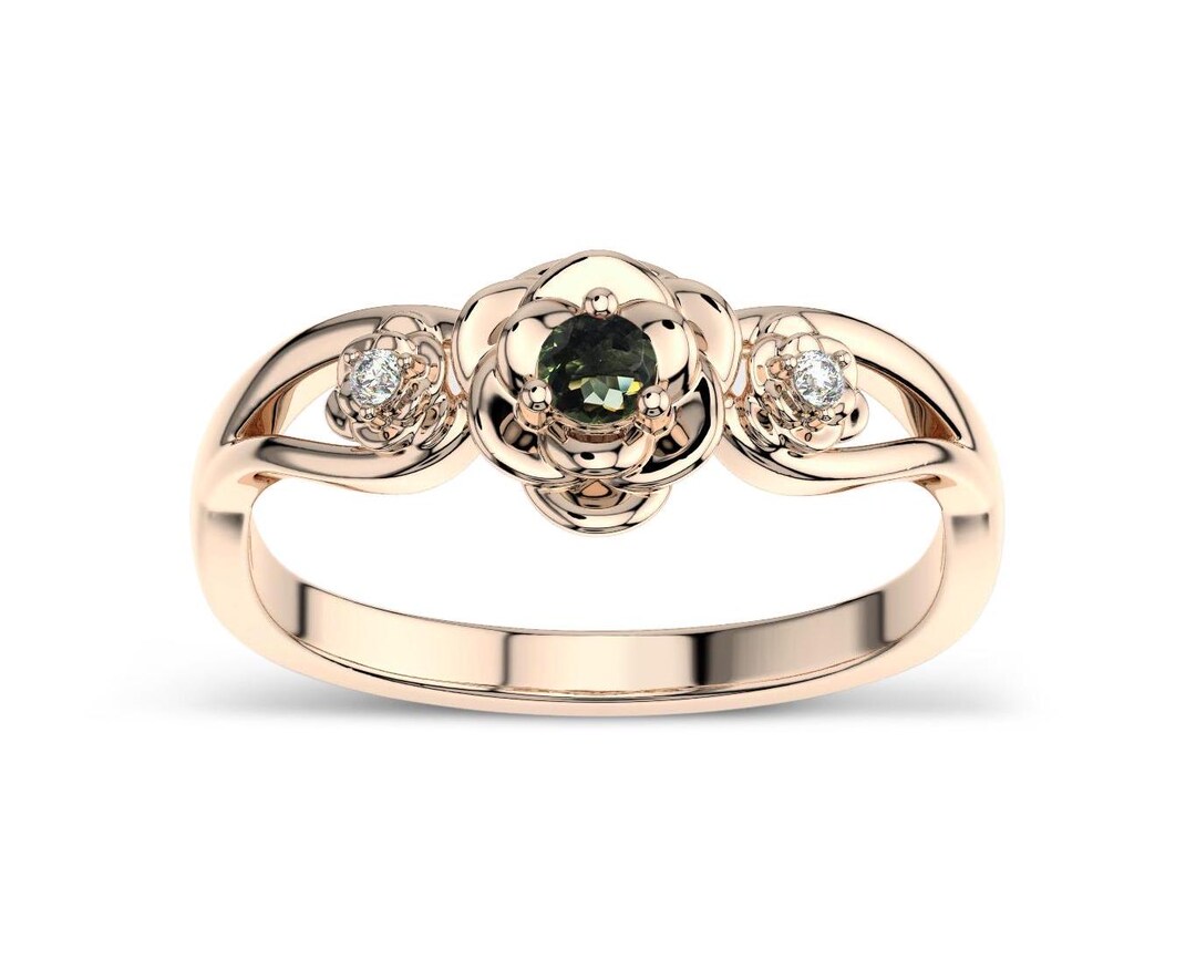 Art Deco Moldavite Wedding Ring for Women 925 Silver Moldavite Floral ...
