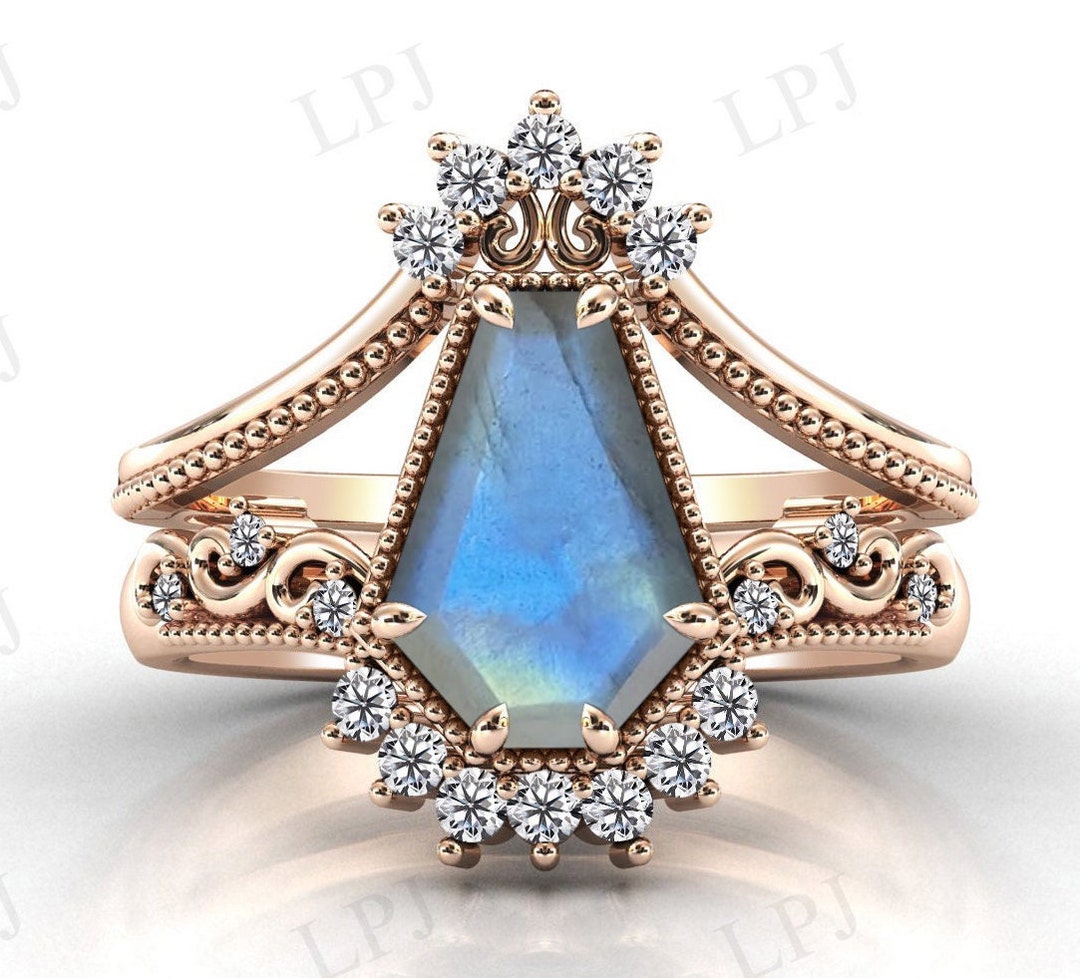 Vintage Labradorite Engagement Ring Set Coffin Shaped Labradorite Art ...
