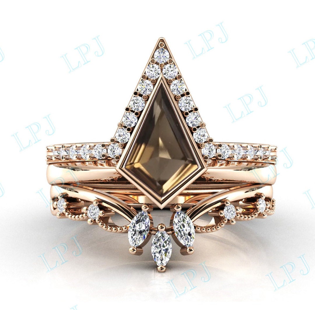 Kite Cut Smoky Quartz Engagement Ring Set Art Deco Vintage Wedding Ring ...