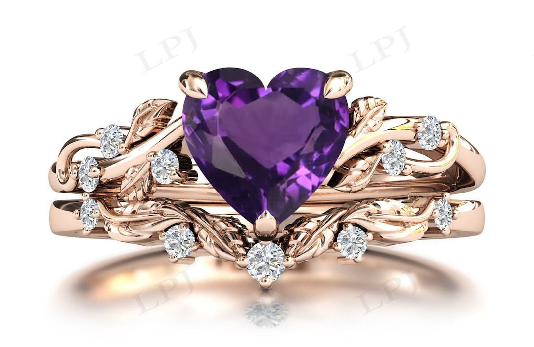 Art Deco Amethyst Engagement Ring Set 925 Silver Amethyst Vine Leaf ...